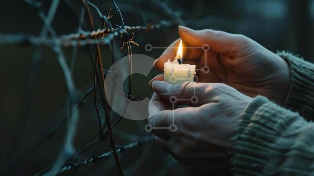 Person Commemorating with Candle at Barbed Wire Fence stock photo ...