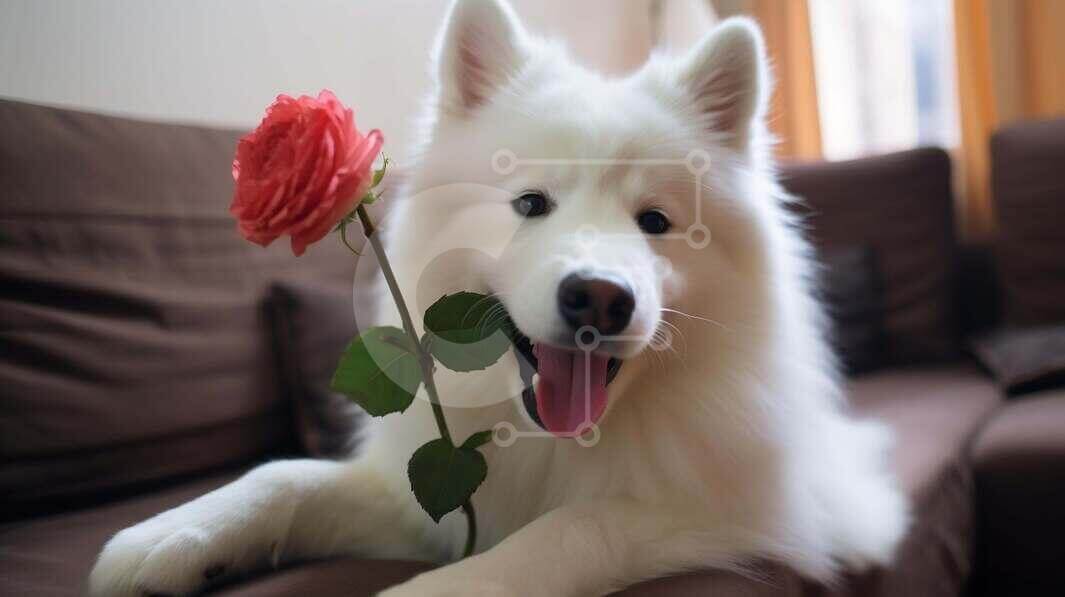 Adorable White Dog with Roses on Couch stock photo | Creative Fabrica
