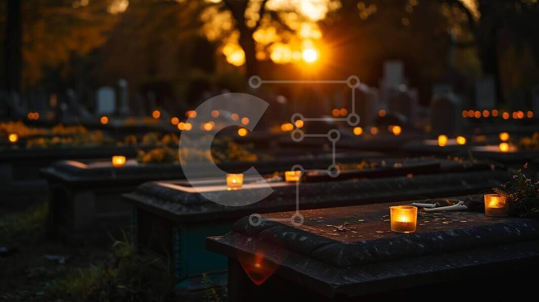 Sunset at Cemetery with Lit Candles stock photo | Creative Fabrica