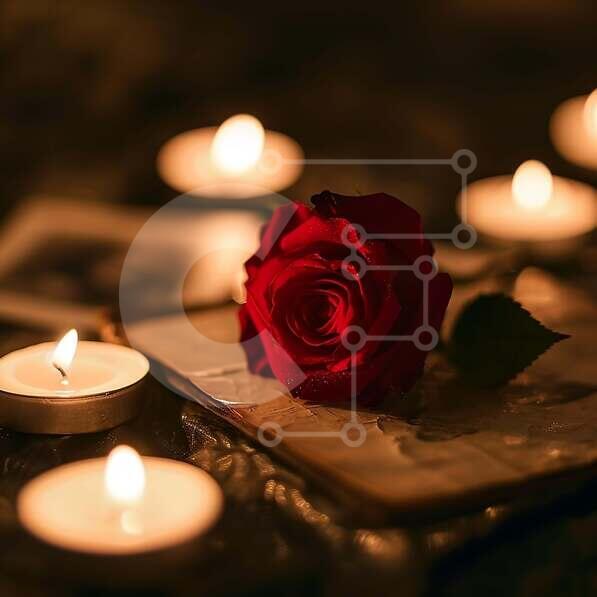 Romantic Still Life with Red Rose, Candles, and Open Book stock photo ...