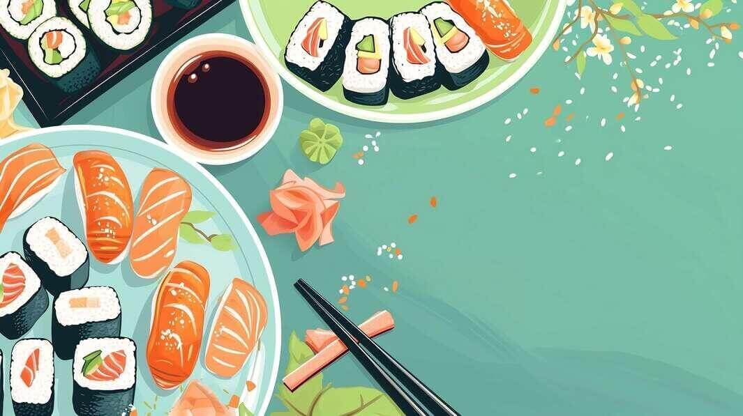 Download Assorted Sushi Plates with Chopsticks and Sauce on Blue ...