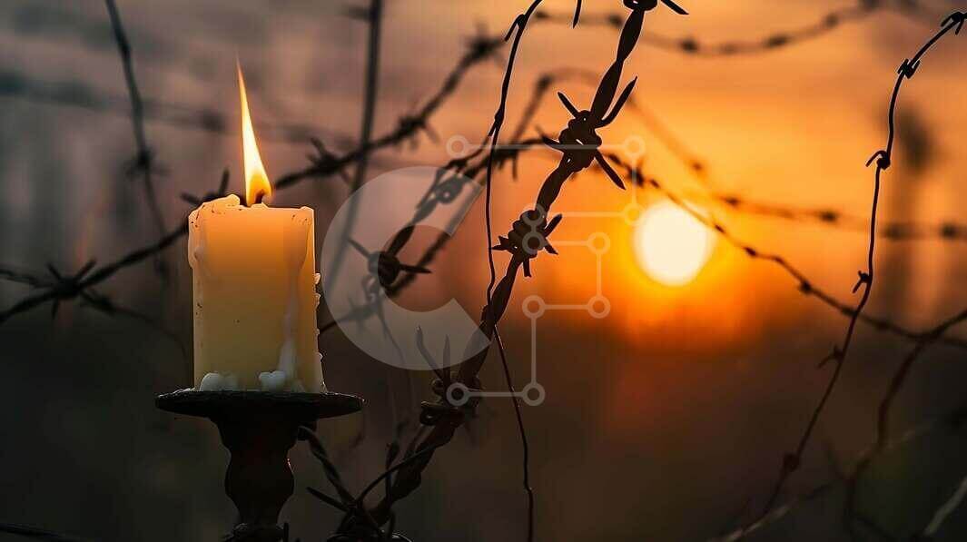 Candle and Sunset on Barbed Wire stock photo | Creative Fabrica