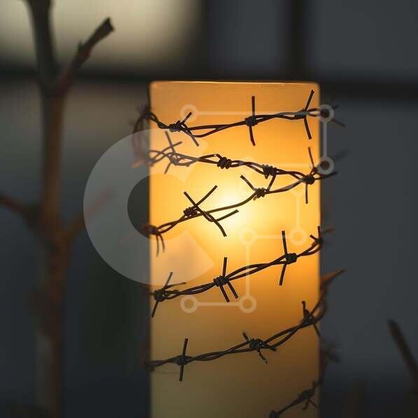 Unique Lit Candle with Barbed Wire and Branches stock photo | Creative ...