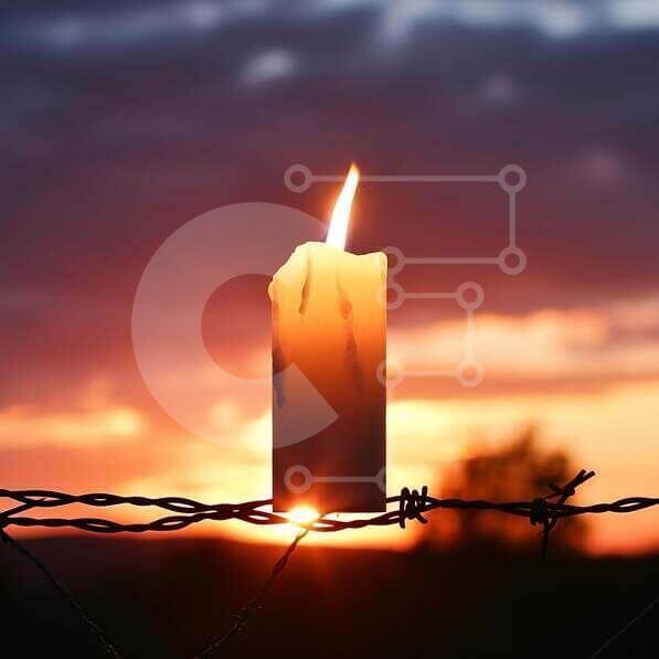 Single candle on barbed wire at sunset stock photo | Creative Fabrica