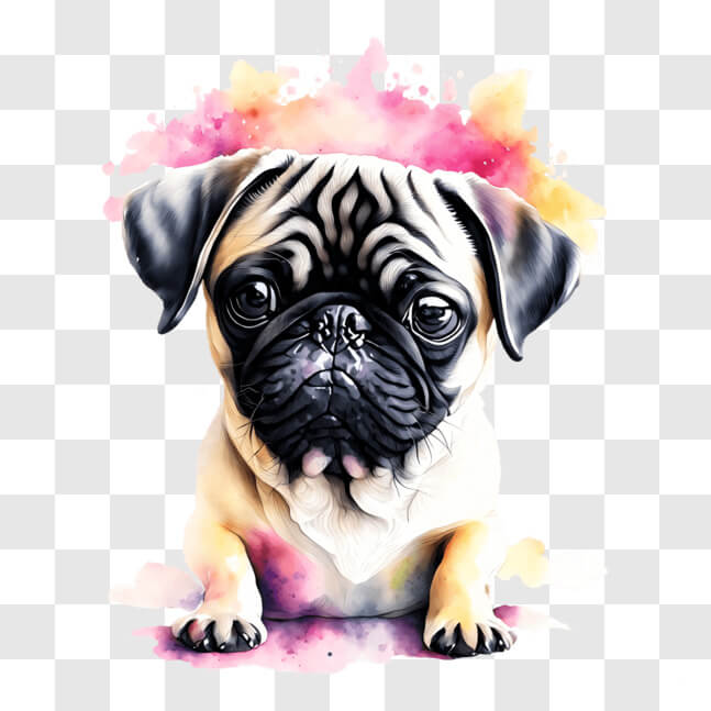 Download Cute Pug Dog Sitting in Front of Colorful Watercolor Splatters ...