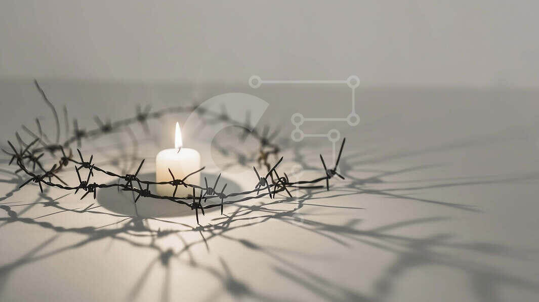 Candle and Barbed Wire - Religious Symbolism stock photo | Creative Fabrica