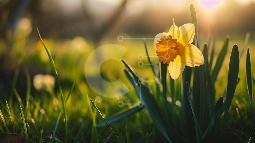 Gorgeous Sunset Scene with Yellow Daffodil Flower stock photo ...