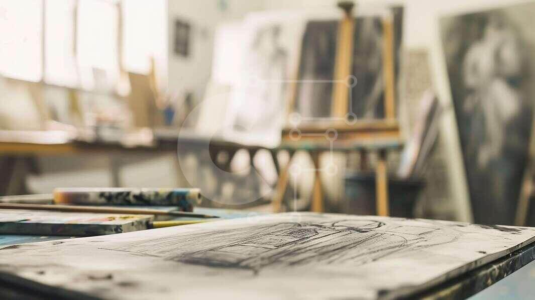 Artist's Workspace with Painting Easel and Art Supplies stock photo ...