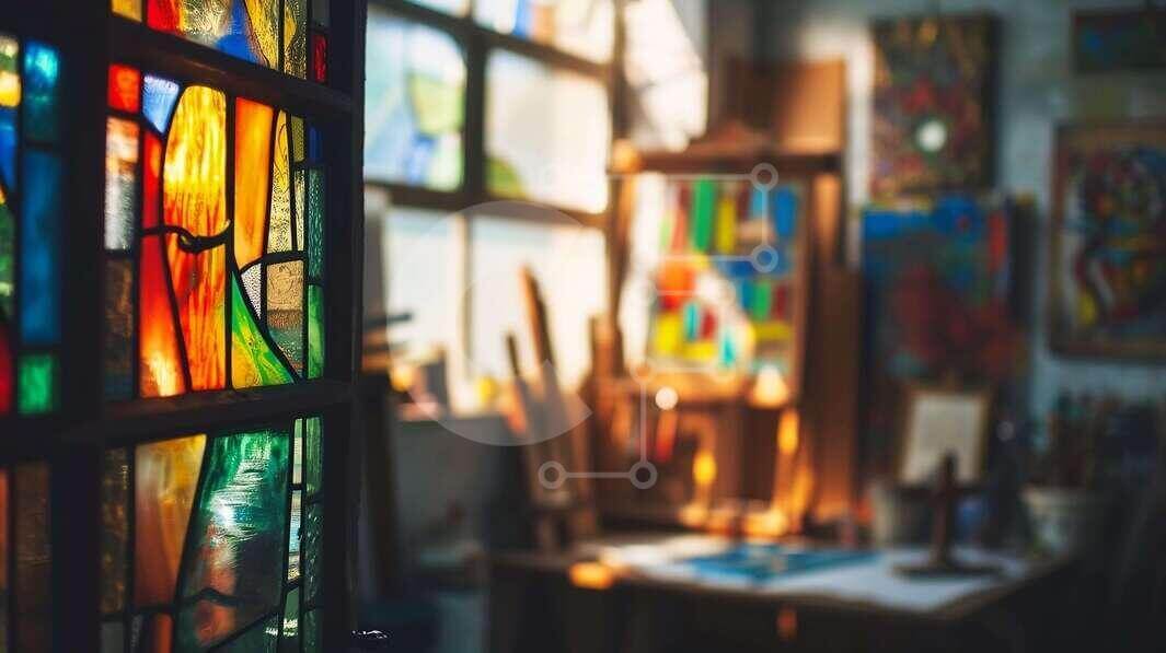Vibrant Stained Glass Window in Art Studio stock photo | Creative Fabrica