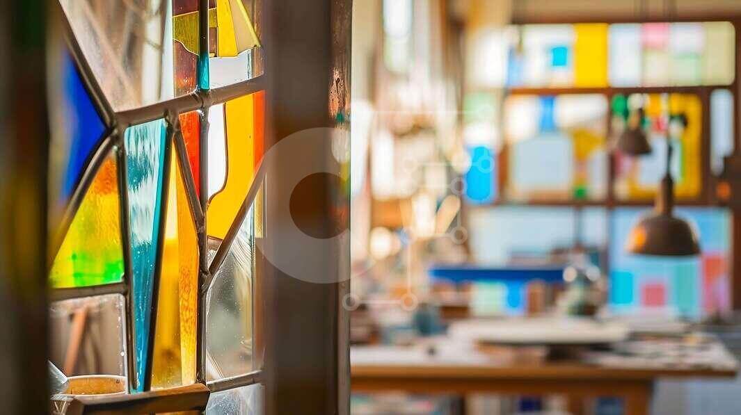 Vibrant Stained Glass Windows in Art Studio stock photo | Creative Fabrica