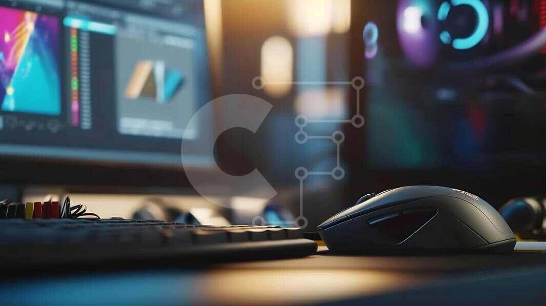 Workspace with Computer Monitor, Keyboard, Mouse, and Open Laptop stock ...