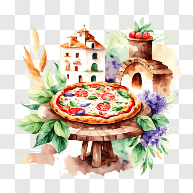 Download Italian-style Pizza Watercolor Painting with Flowers and ...