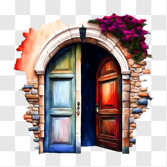 Download Colorful Open Door Painting with Flowers and Plants PNGs ...