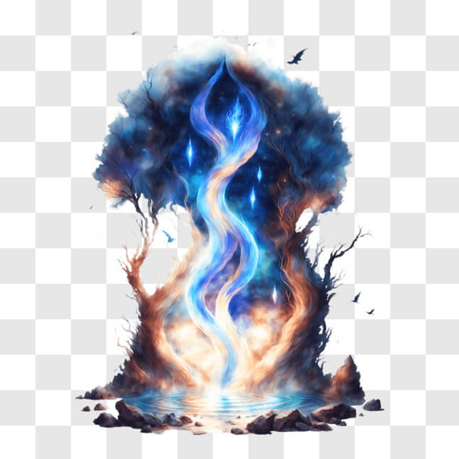 Download Fantasy Tree with Blue Flames and Water Background PNGs Online ...