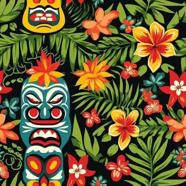 Download Tropical Tiki Mask and Flower Pattern on Black Background ...