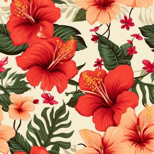 Download Seamless Tropical Hibiscus Flower Pattern with Palm Trees and ...