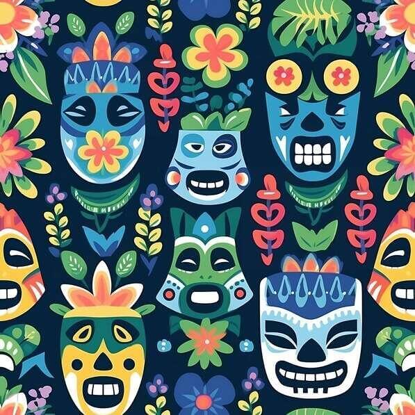 Download Colorful Tiki Mask, Flower, and Leaf Pattern on Dark ...