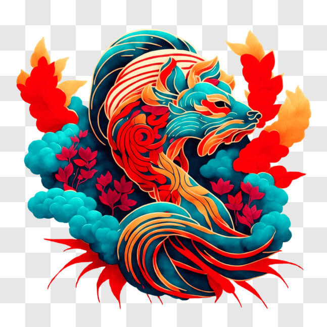 Download Asian-Inspired Fox Drawing with Swirling Clouds PNGs Online ...