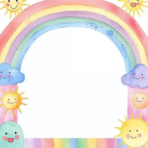 Download Colorful Rainbow Frame with Smiling Faces, Suns, and Clouds ...