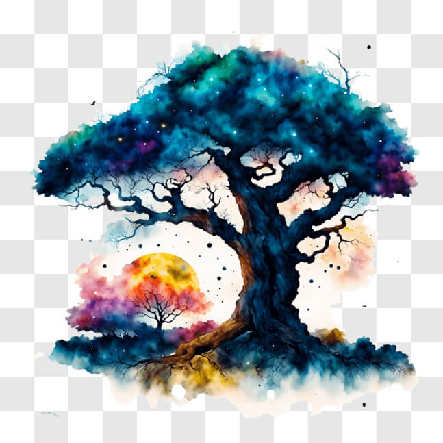 Download Watercolor Painting of Old Tree with Sun and Moon PNGs Online ...