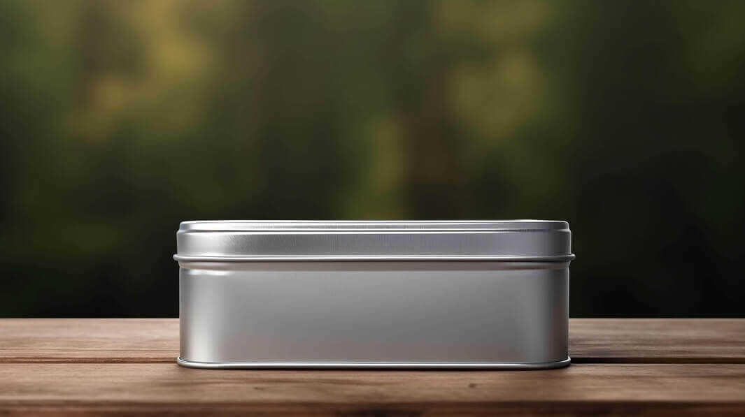 Download Empty Silver Tin Container on Wooden Table with Green Foliage ...