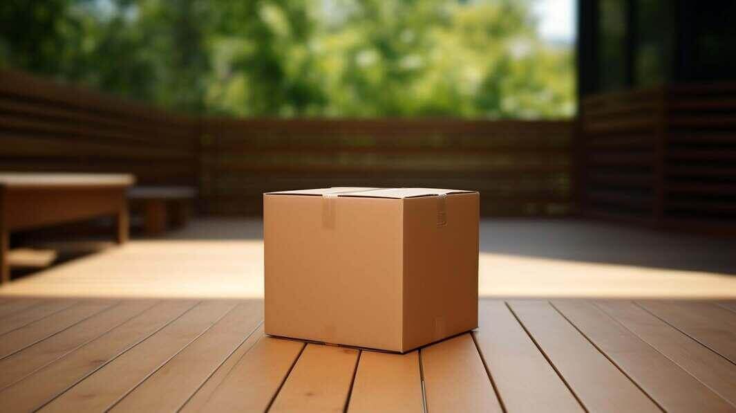 Download Empty Cardboard Box on Wooden Deck with Scenic View Mockups ...