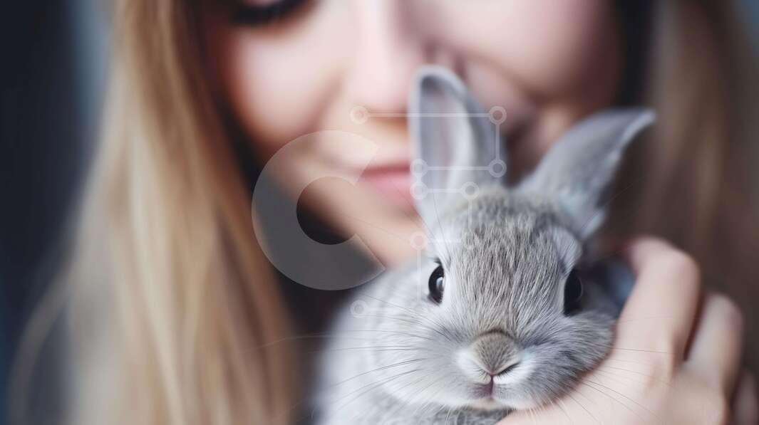 Woman with Affectionate Expression Holding Grey Bunny stock photo ...