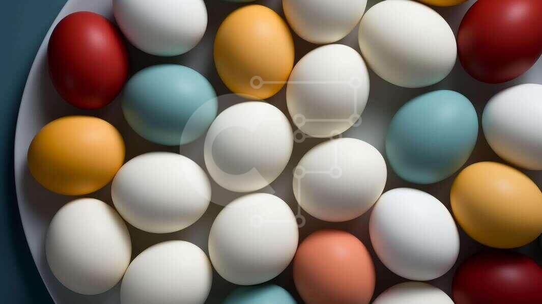 Vibrant Easter Eggs Displayed on White Plate stock photo | Creative Fabrica