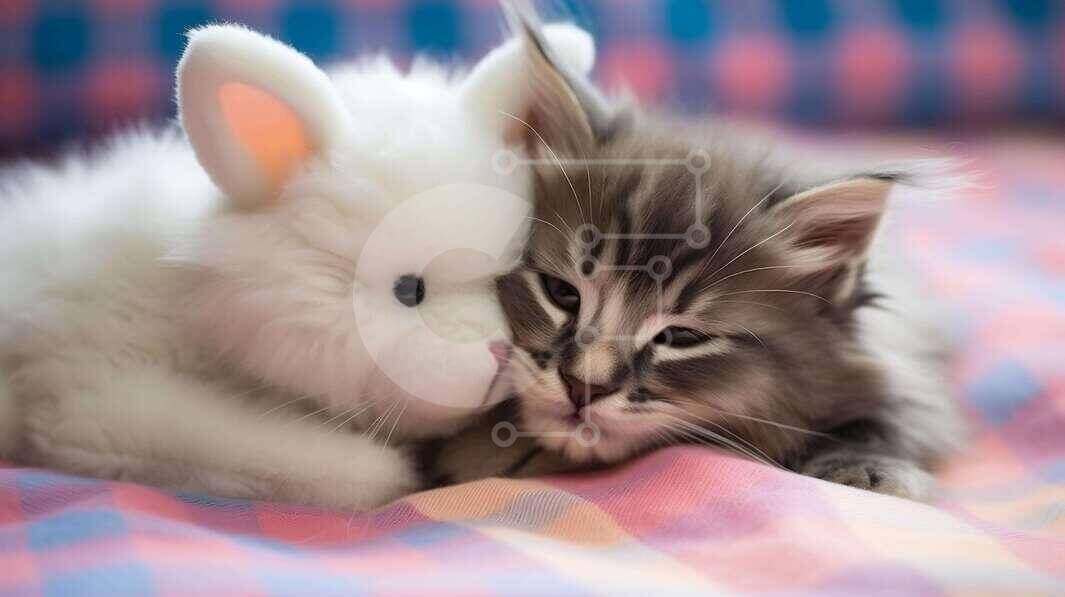 Adorable Kitten and Bunny Snuggling Together stock photo | Creative Fabrica