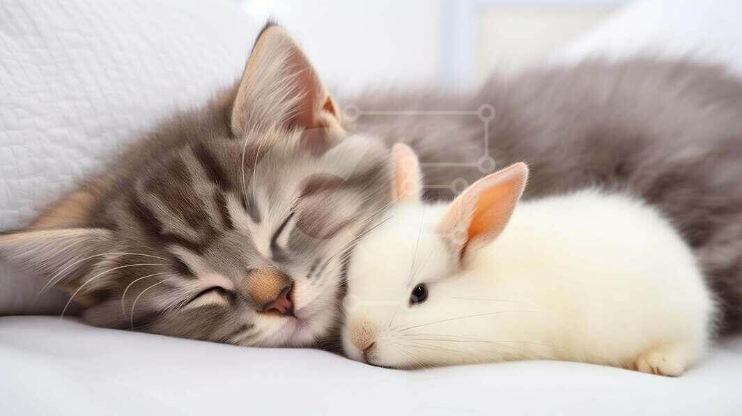 Cat and Bunny Snuggled Up Together stock photo | Creative Fabrica