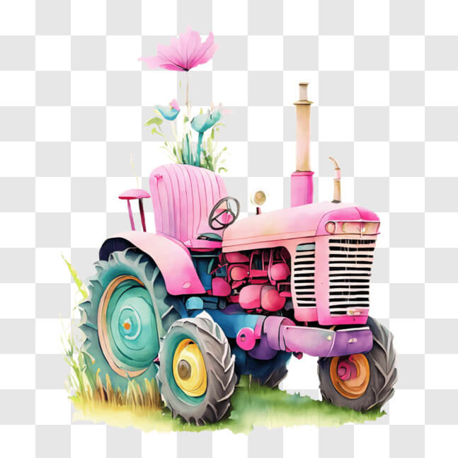 Download Pink Tractor with Flowers in Nature PNGs Online - Creative Fabrica
