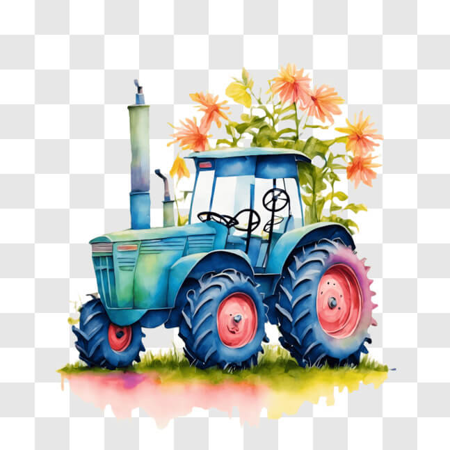 Download Blue Tractor with Flowers in Watercolor Painting PNGs Online ...