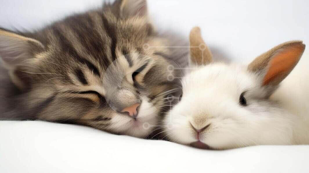 Adorable Cat and Rabbit Cuddling Together stock photo | Creative Fabrica