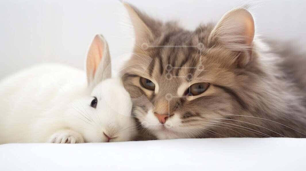 Cat and Rabbit Cuddling Together stock photo | Creative Fabrica