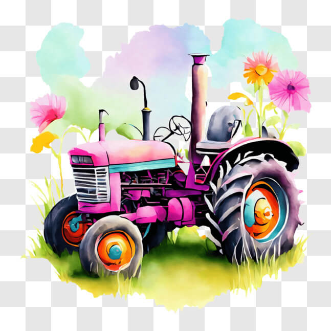 Download Pink Tractor in the Grass Field with Colorful Flowers PNGs ...