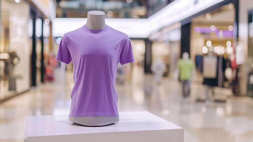 Download Purple Mannequin Shirt on Display in Shopping Mall Mockups ...