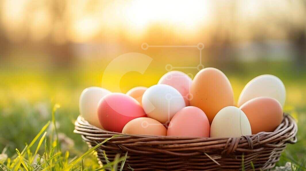 Colorful Easter Eggs Basket in the Grass stock photo | Creative Fabrica