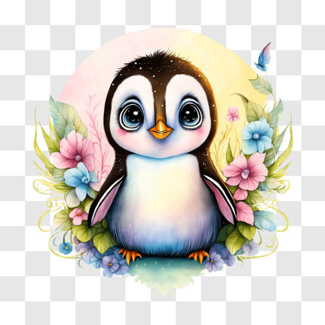 Download Cute Penguin Surrounded by Colorful Flowers PNGs Online ...