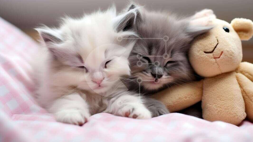 Adorable Kittens Snuggled with a Teddy Bear stock photo | Creative Fabrica