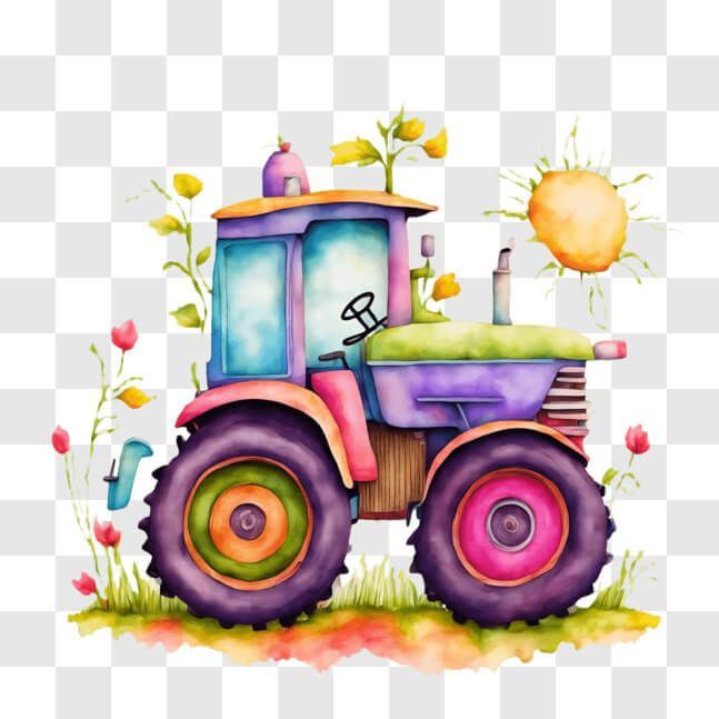 Download Colorful Tractor in a Flower Field PNGs Online - Creative Fabrica