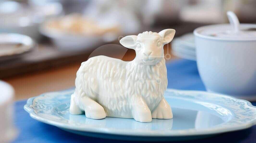 Elegant Blue Plate with Ornamental Sheep Figurine and Cups stock photo ...