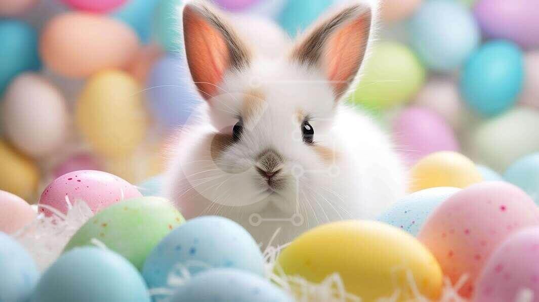 Adorable bunny with vibrant Easter eggs stock photo | Creative Fabrica