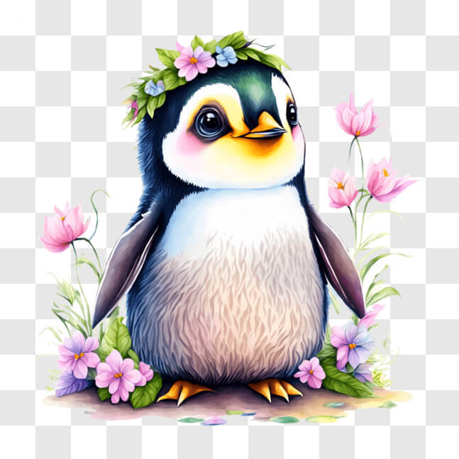 Download Cute Penguin in Flower Garden PNGs Online - Creative Fabrica