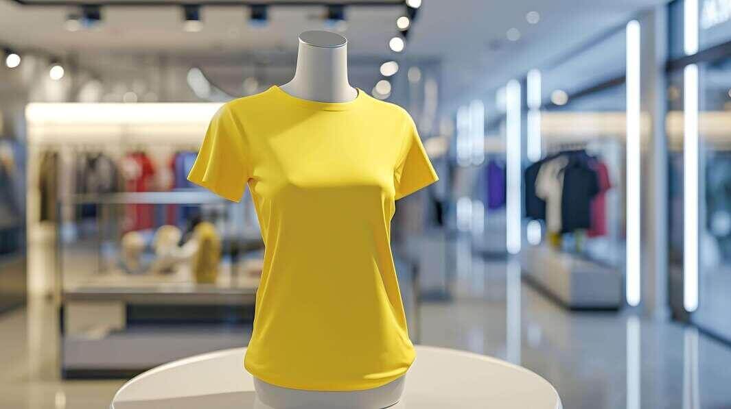 Download Yellow Mannequin Shirt on Oval Pedestal in Clothing Store ...