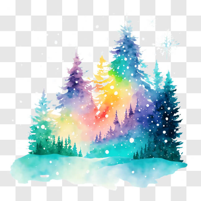 Download Colorful Trees and Snowflakes in Winter Landscape Watercolor ...