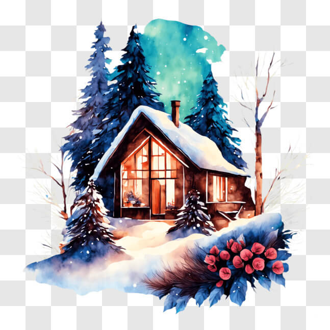 Download Winter Cabin in the Woods - Watercolor Painting PNG Online ...