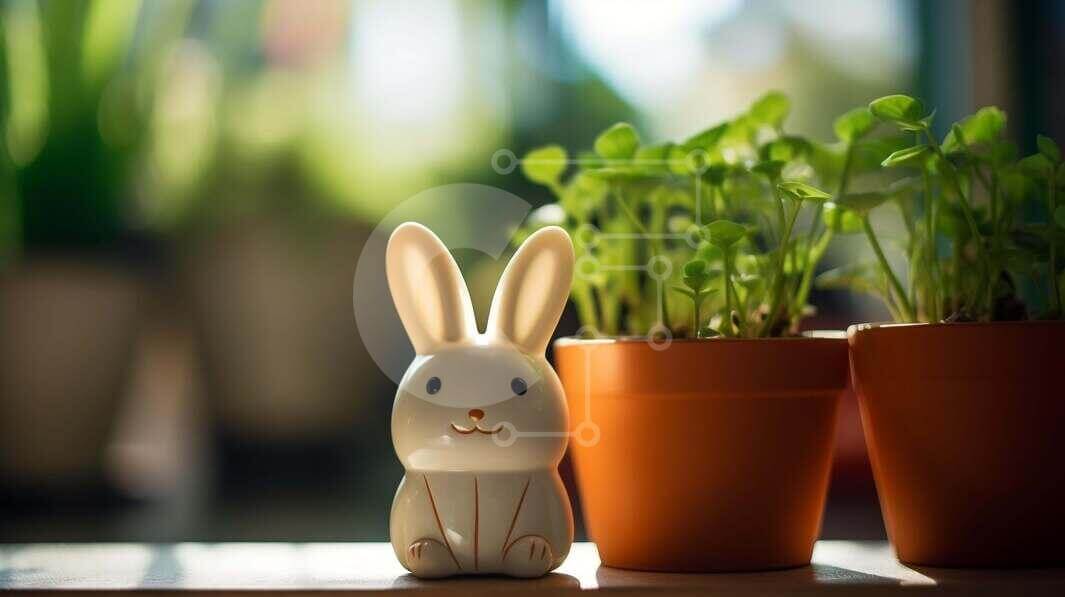 White Bunny Figurine with Potted Plants stock photo | Creative Fabrica