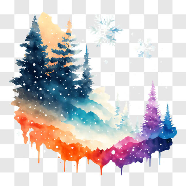 Download Winter Watercolor Painting of Trees and Snowflakes PNGs Online ...