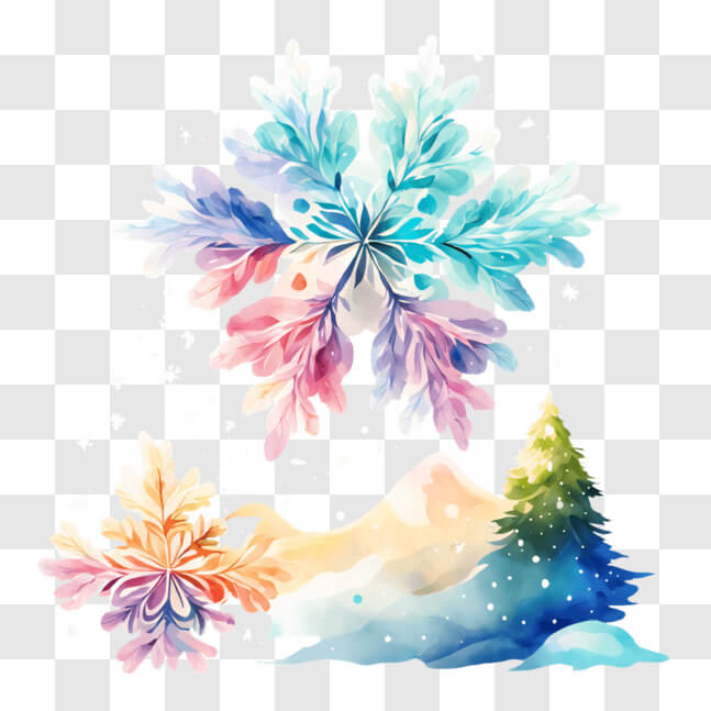 Download Winter Watercolor Painting of Snowflakes, Trees, and Mountains ...