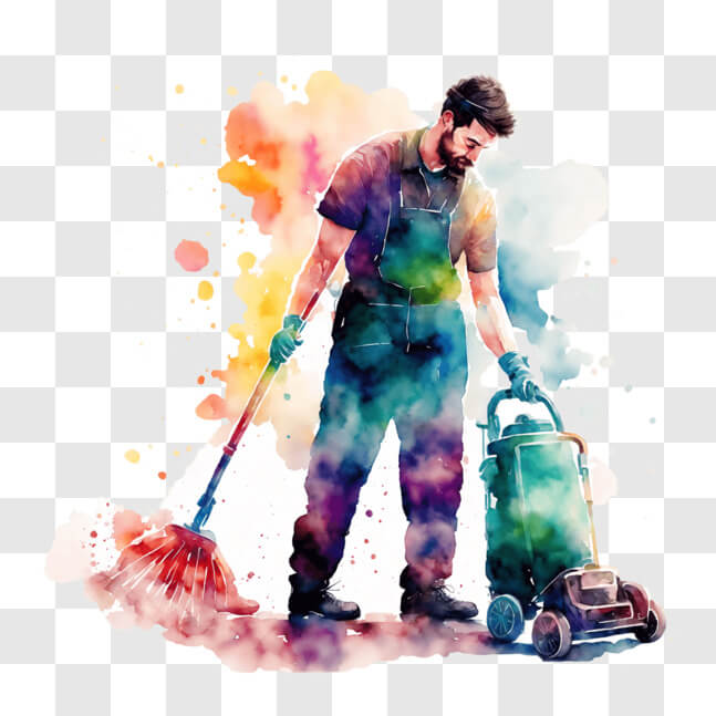Download Man Cleaning Floor with Upright Vacuum Cleaner near Colorful ...